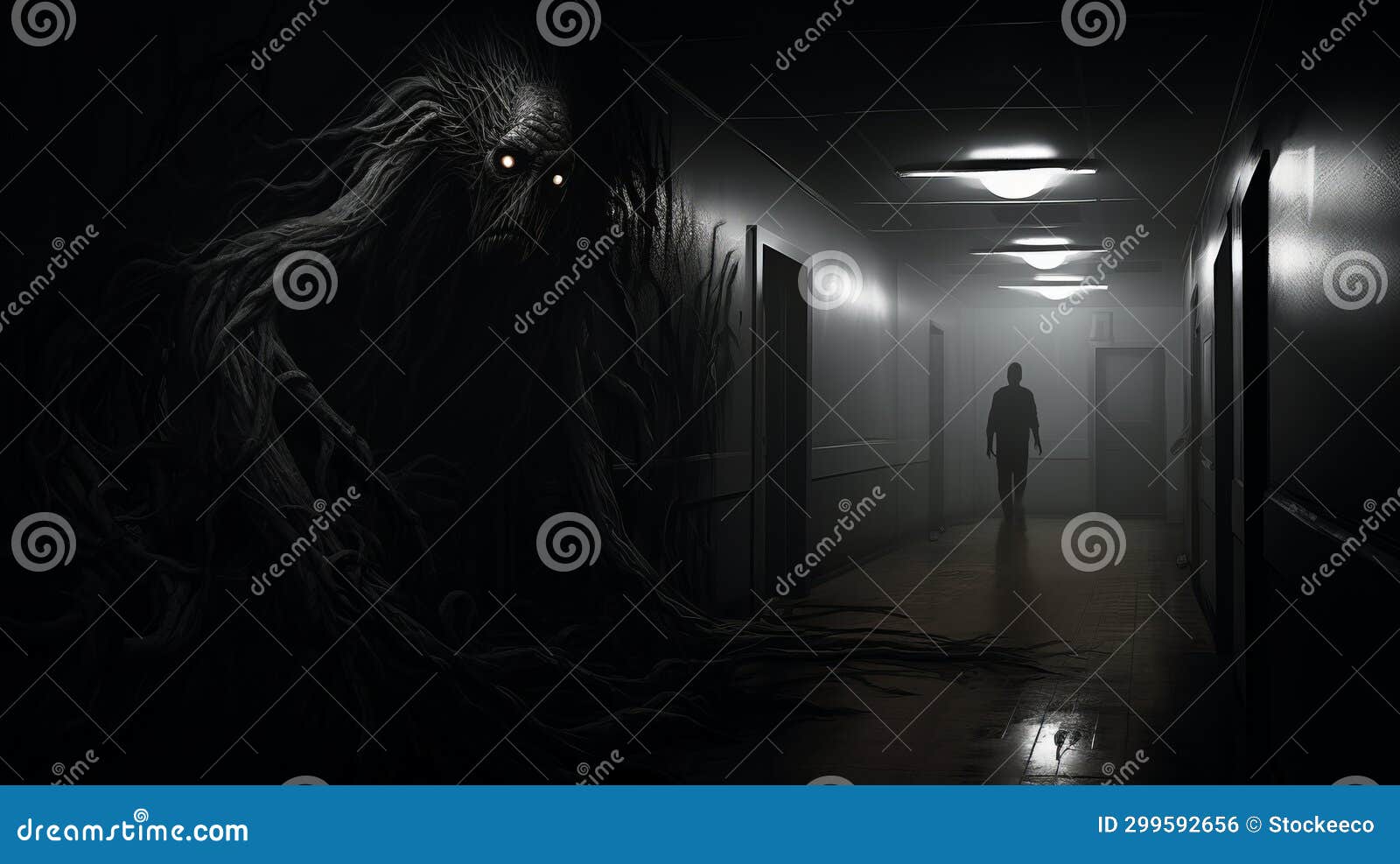 Twisted Characters in a Dark and Creepy Hallway with a Large Tree Stock ...