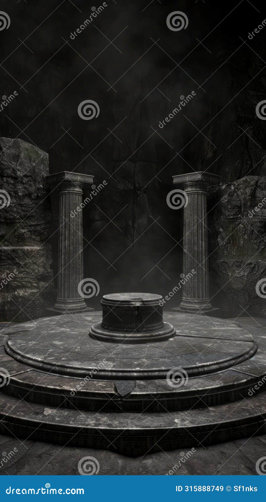 A Dark, Foreboding Stone Altar Stands between Ancient Columns within a ...