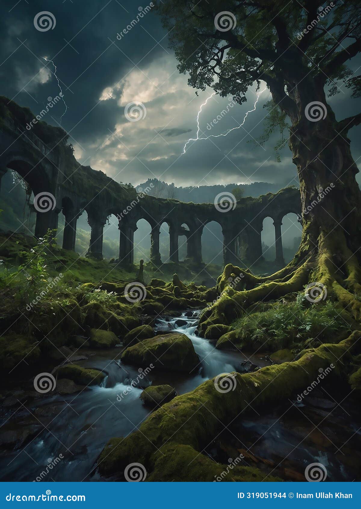 Dark Forest Artwork with Thunder Storm in Jungle Stock Illustration ...