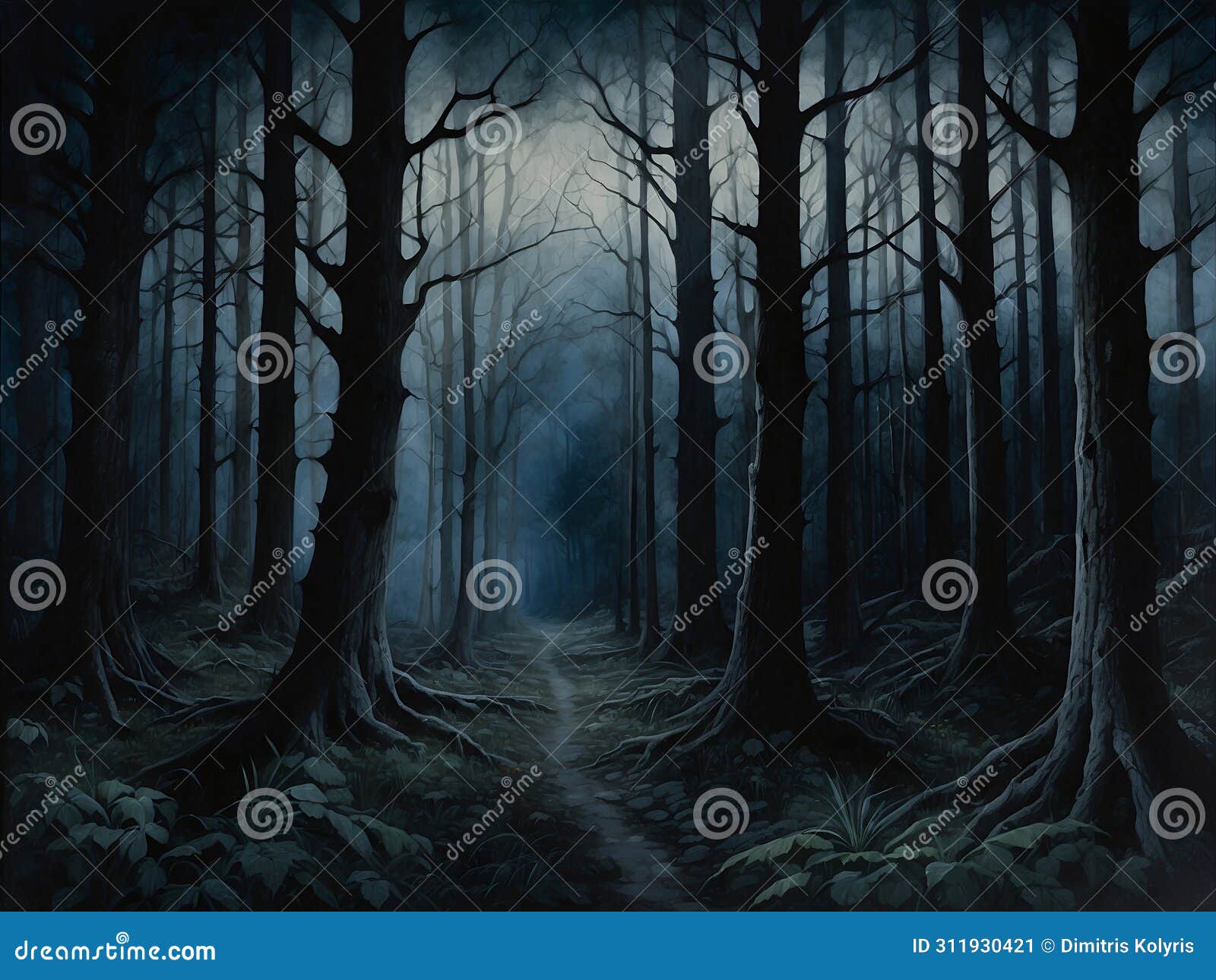 Dark Forest with Bare Trees and Path at Night Stock Illustration ...
