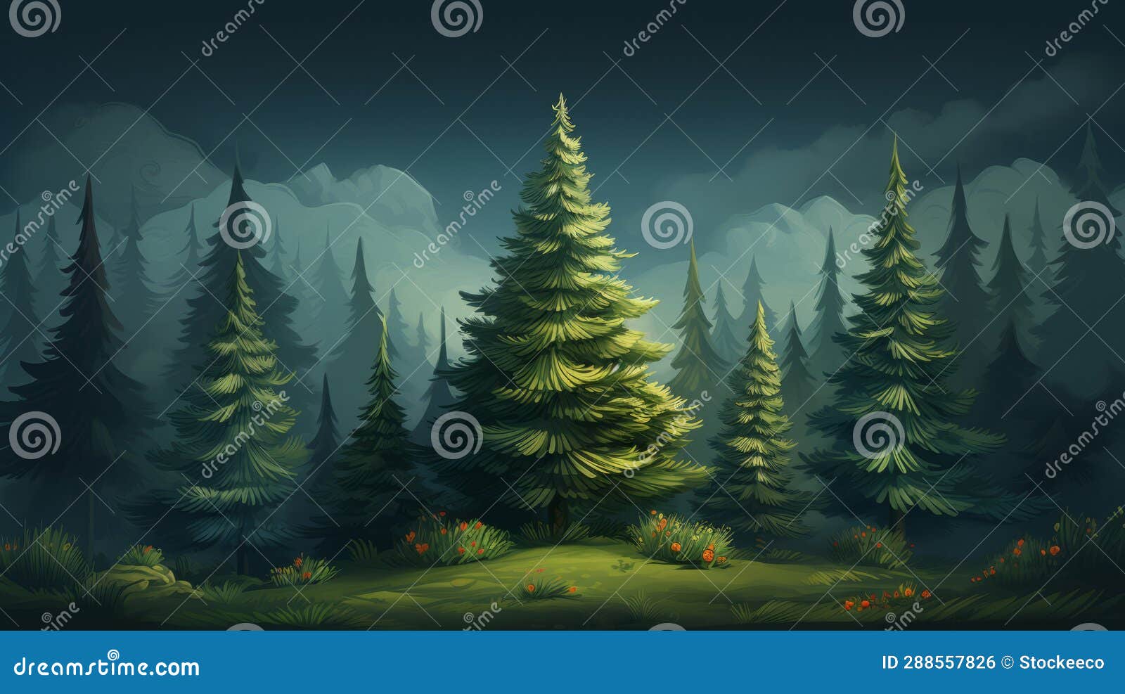 Spruce: a Sublime Wilderness of Green Trees in 2d Game Art Style Stock ...