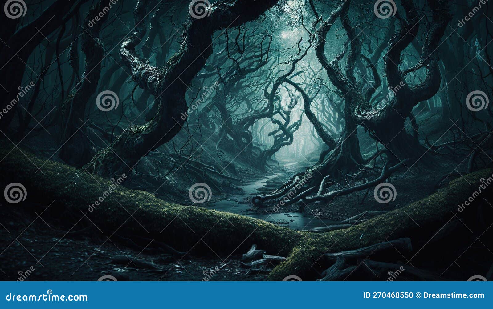 A Dark Forest Filled with Lots of Trees and a Stream Running through ...
