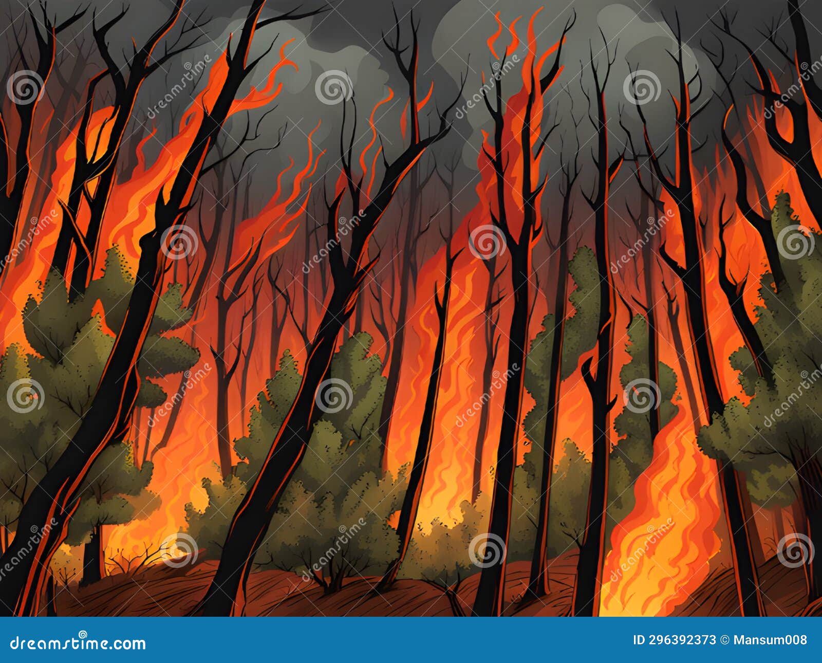 Dark Forest with Fire and Pine Tree Stock Illustration - Illustration ...