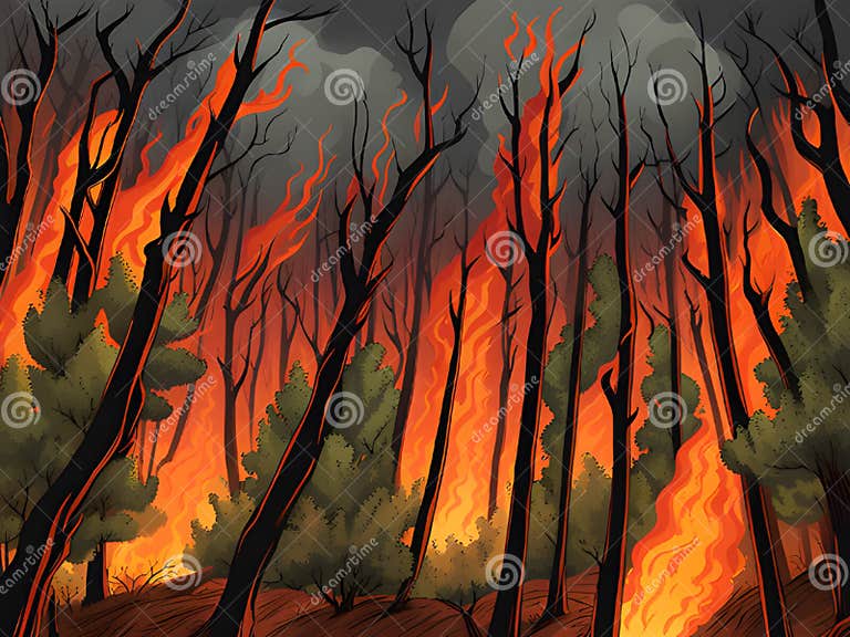 Dark Forest with Fire and Pine Tree Stock Illustration - Illustration ...