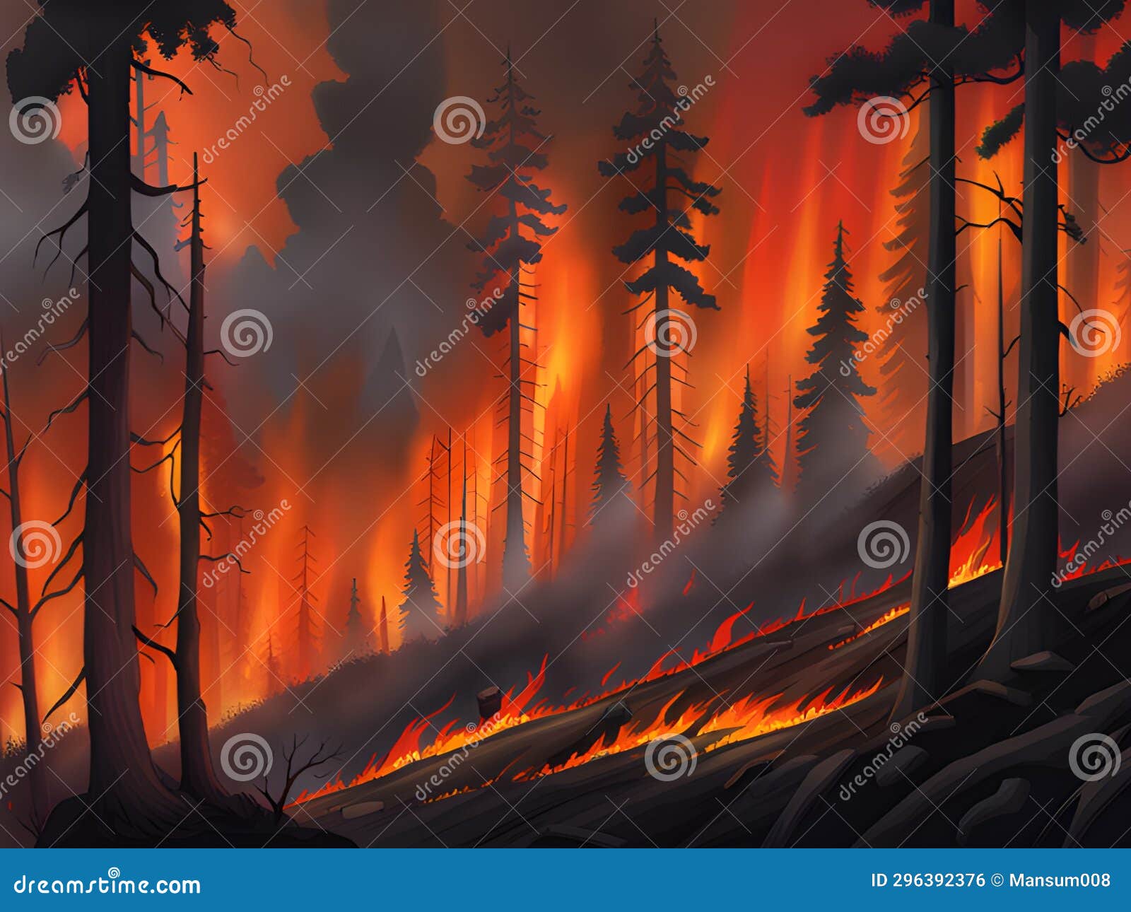 Dark Forest with Fire and Pine Tree Stock Illustration - Illustration ...