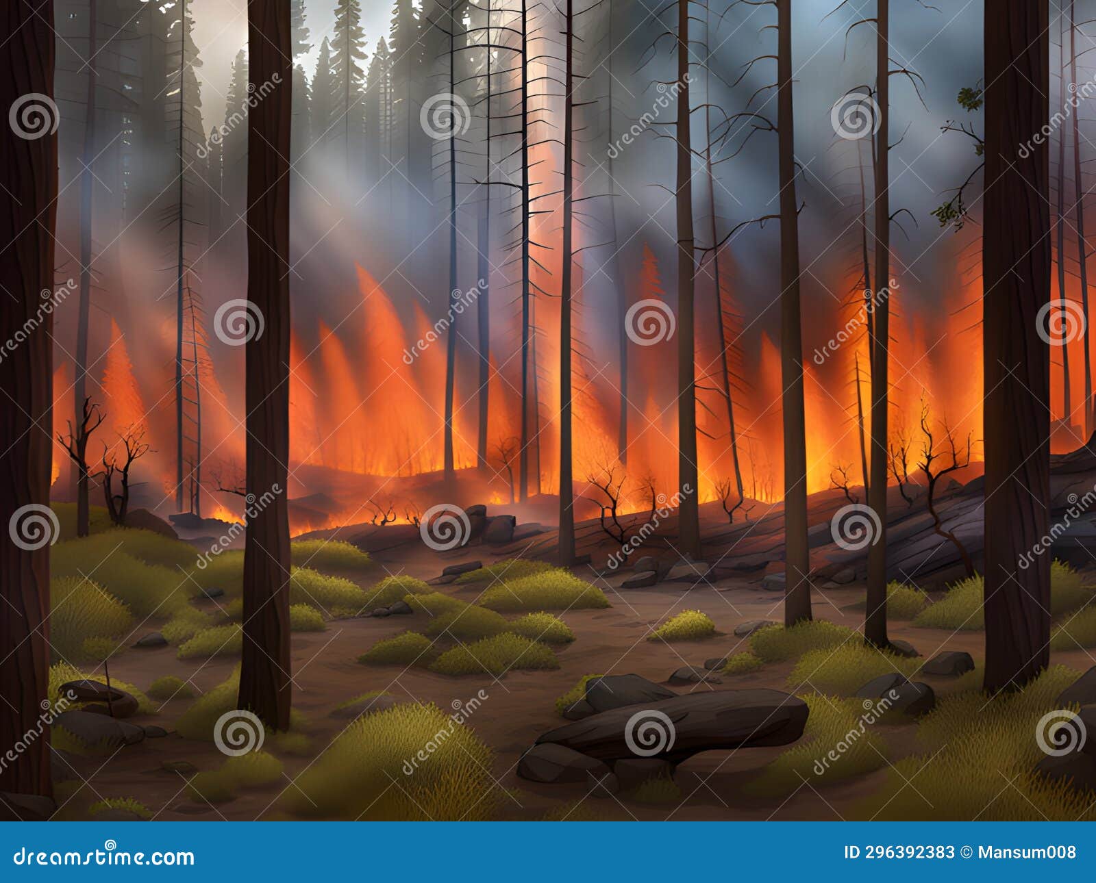 Dark Forest with Fire and Pine Tree Stock Illustration - Illustration ...