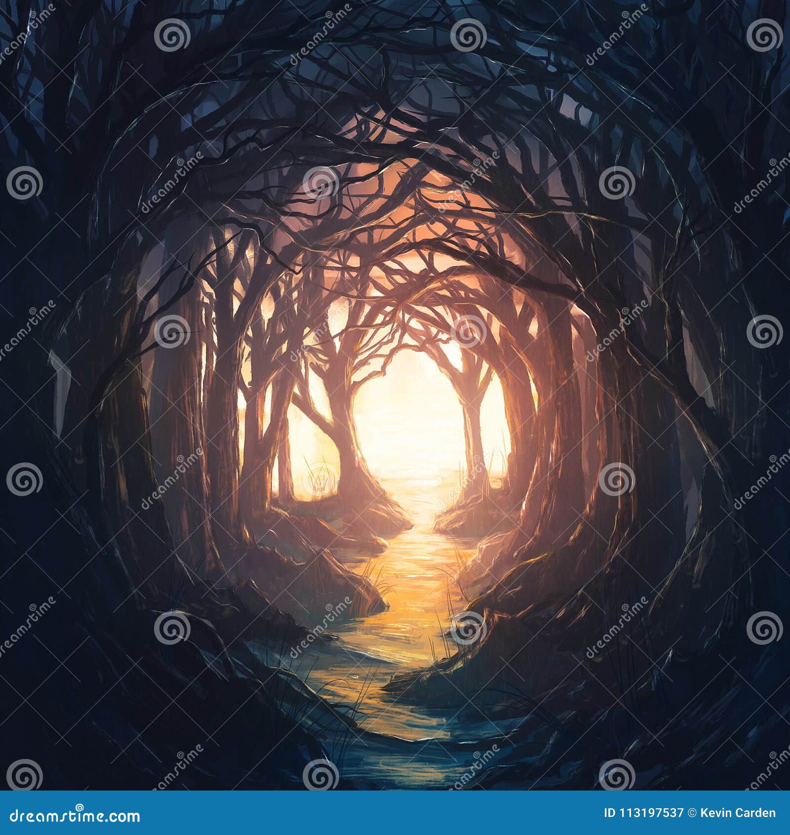 Dark Forest Leading To Light Stock Illustration - Illustration of glow ...