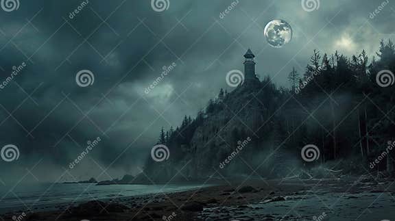 A Dark Forest with a Lighthouse on the Beach Stock Image - Image of ...