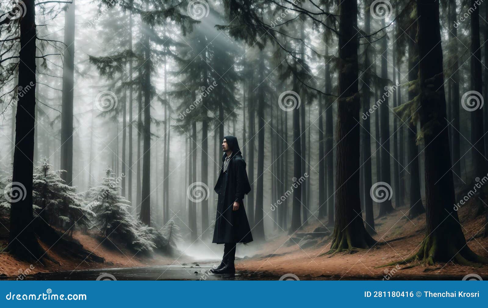 Dark forest man standing stock illustration. Illustration of light ...