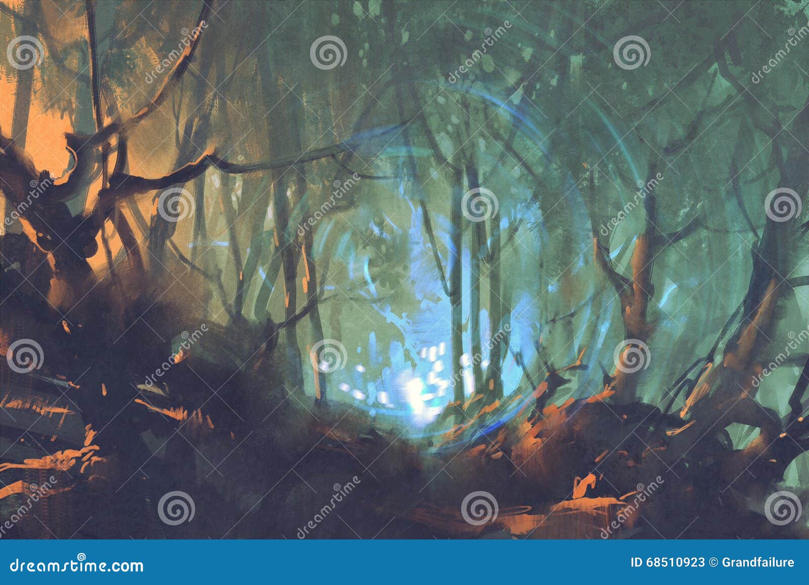 Dark Forest with Mystic Light Stock Illustration - Illustration of ...