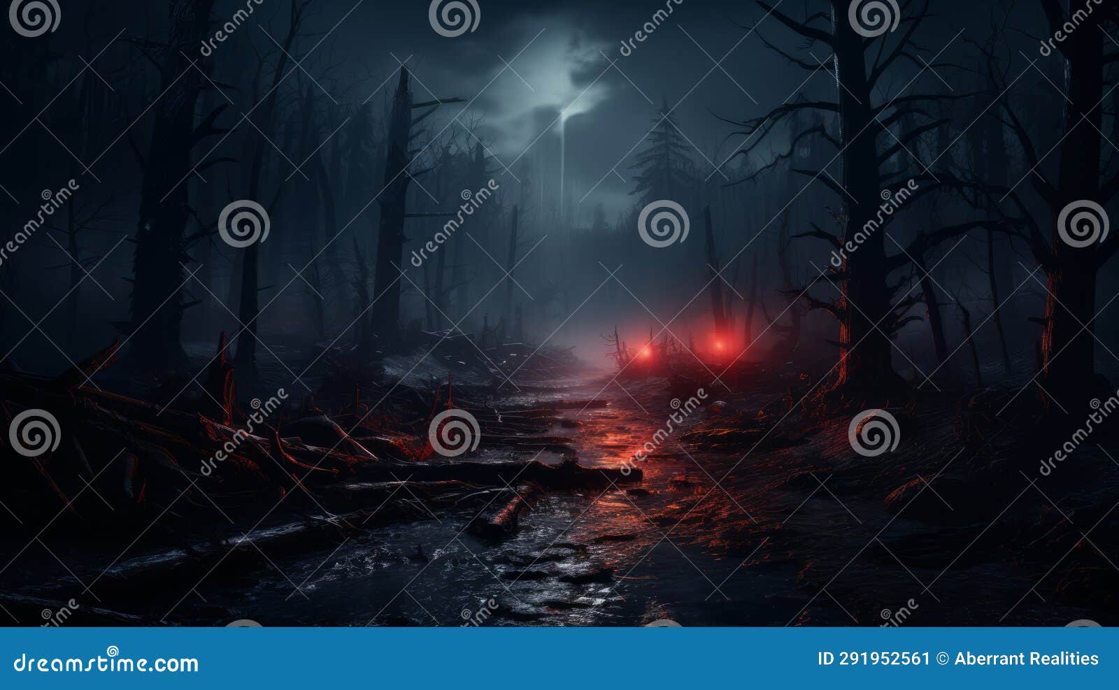A Dark Forest at Night with Red Lights Stock Illustration ...