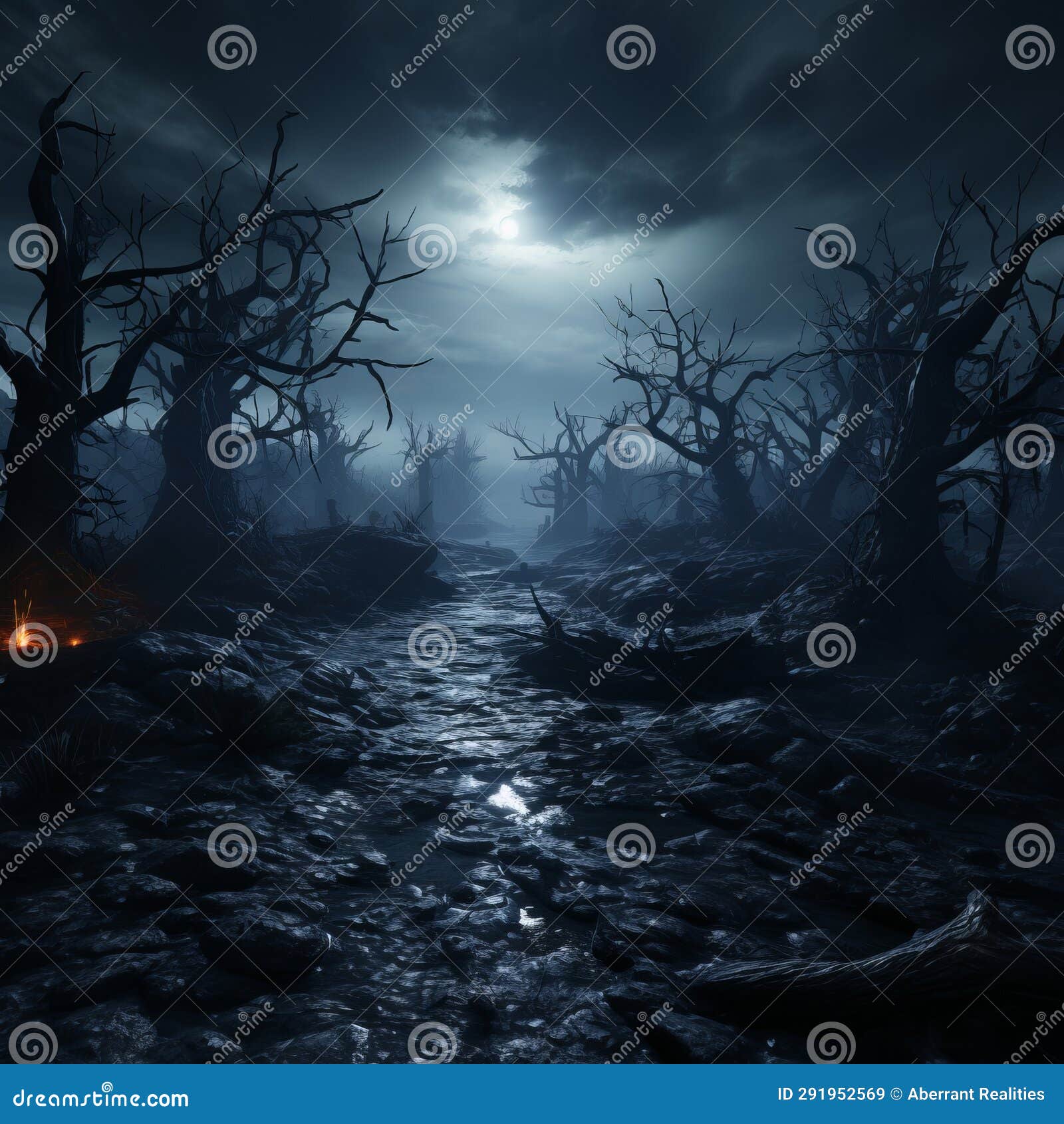 A Dark Forest at Night with Trees and Fire Stock Illustration ...