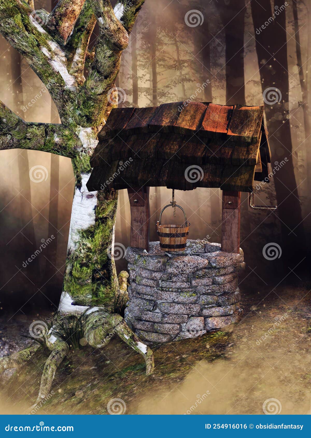 Old Stone Well by a Withered Tree Stock Illustration - Illustration of ...