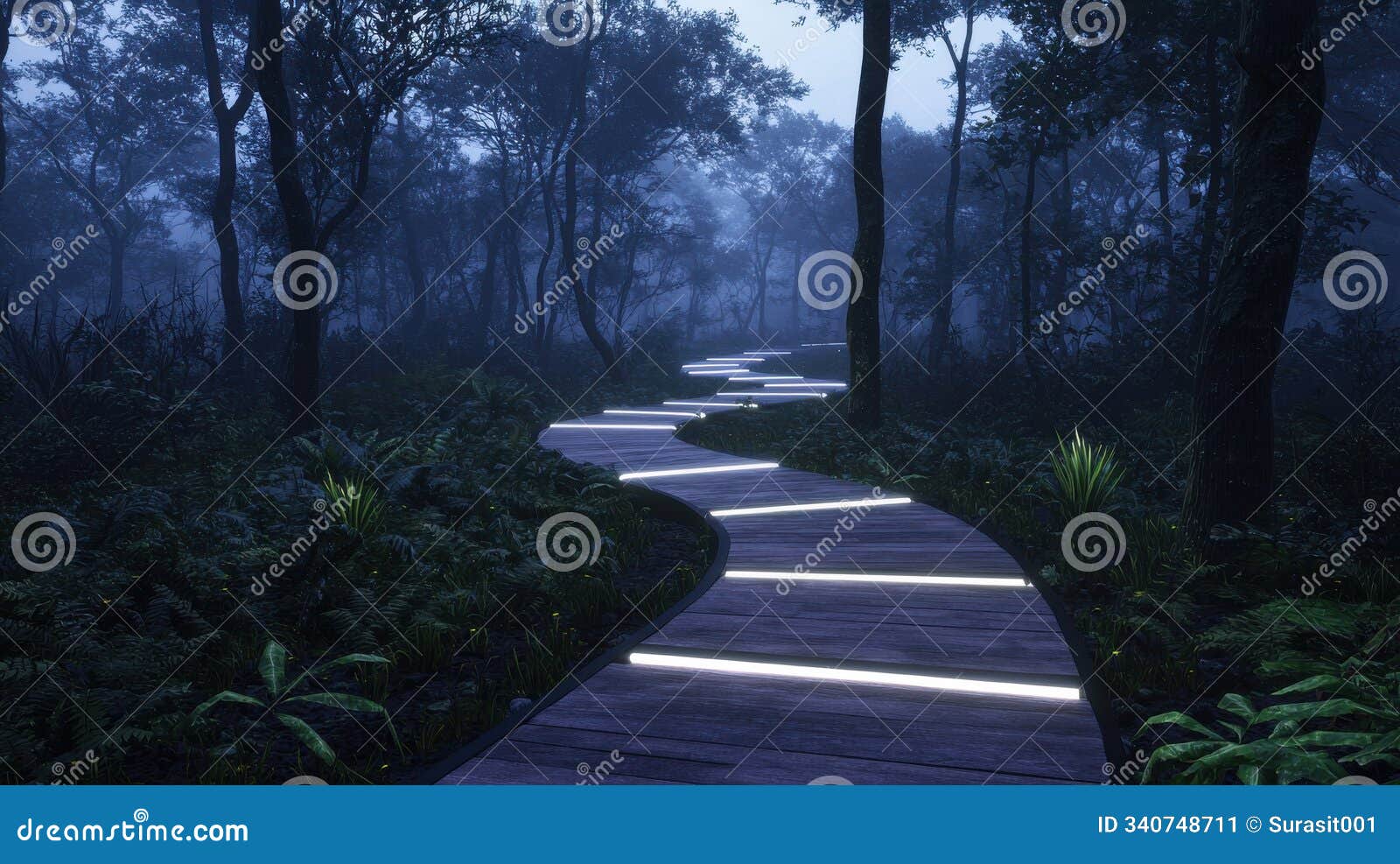 A Dark Forest Path with a Lighted Walkway Stock Illustration ...