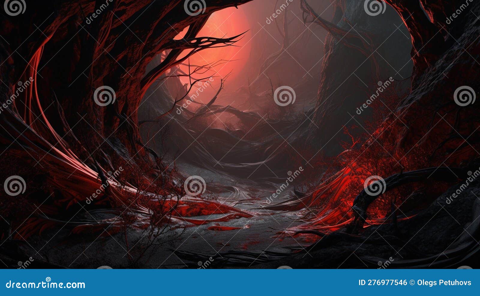A Dark Forest with a Red Light Coming from the Center Stock ...