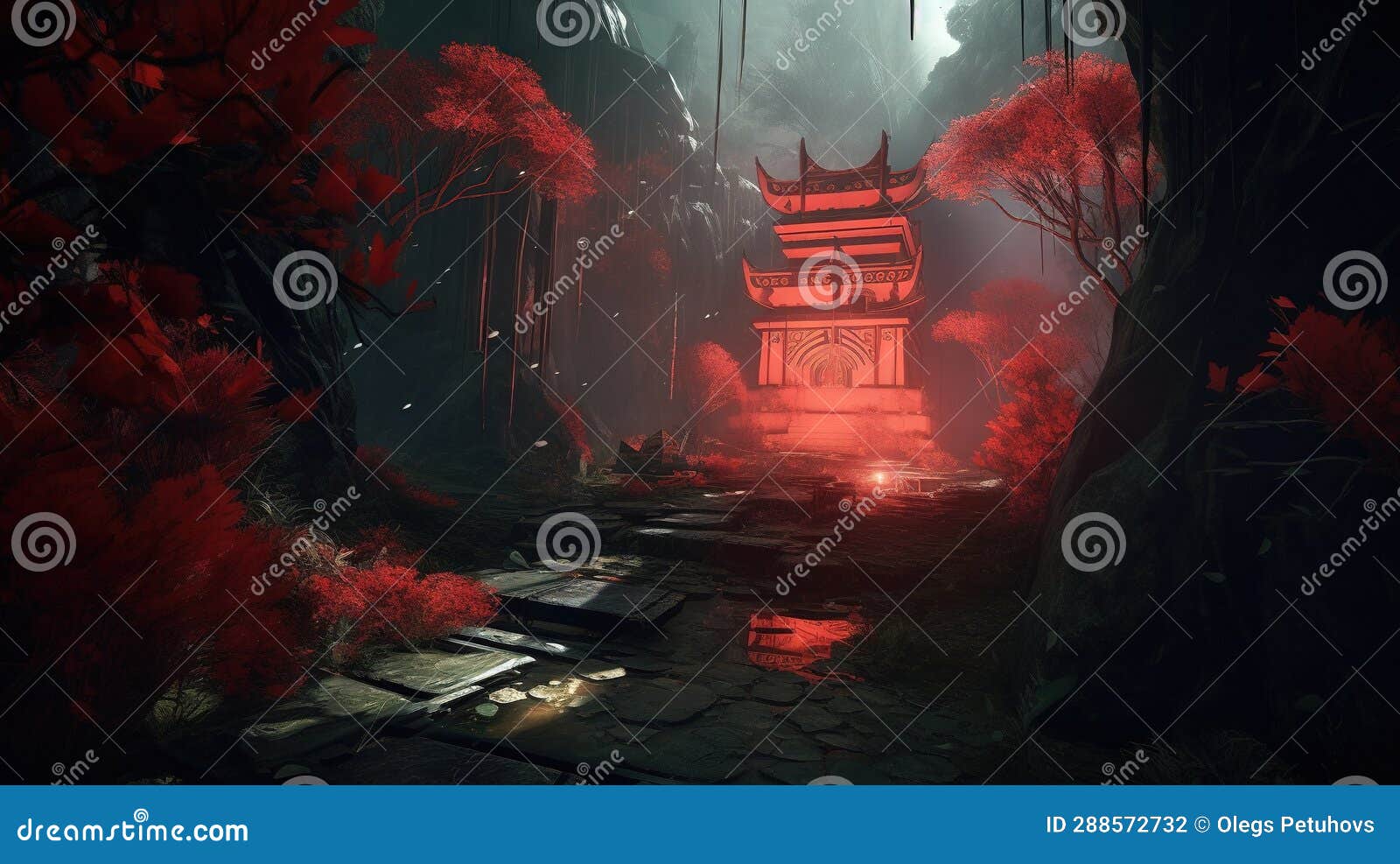 A Dark Forest with a Red Light Coming from the Entrance Stock ...