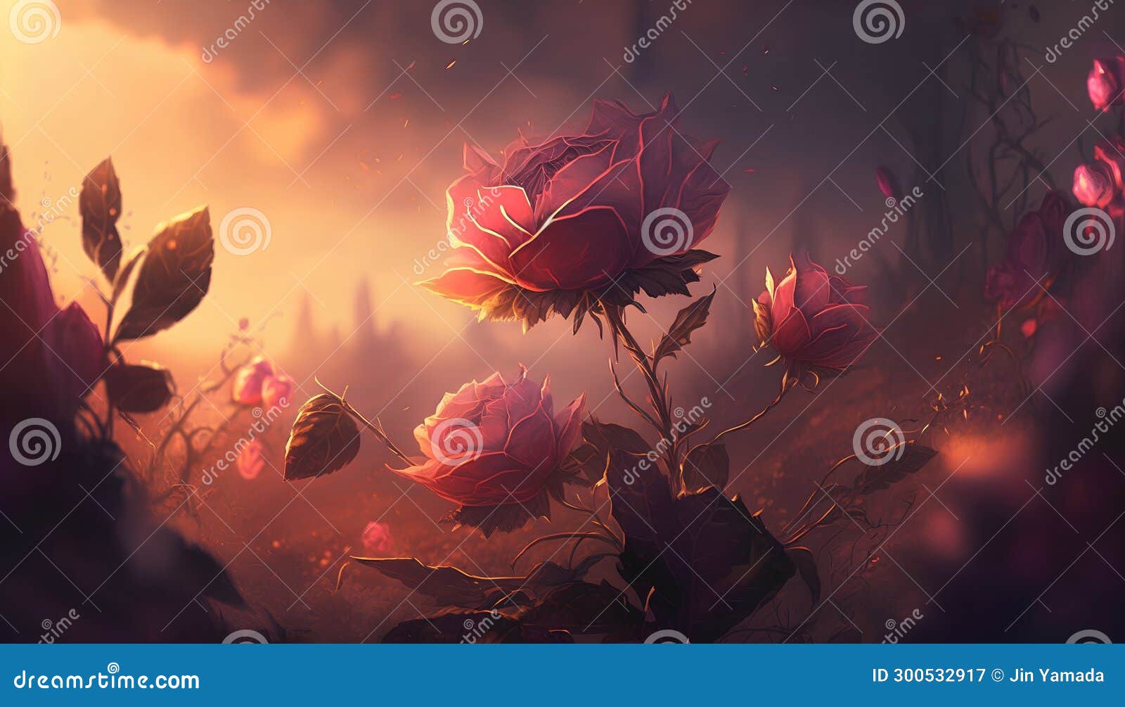 Dark Forest with Red Rose Flowers in the Fog. 3d Rendering Stock ...