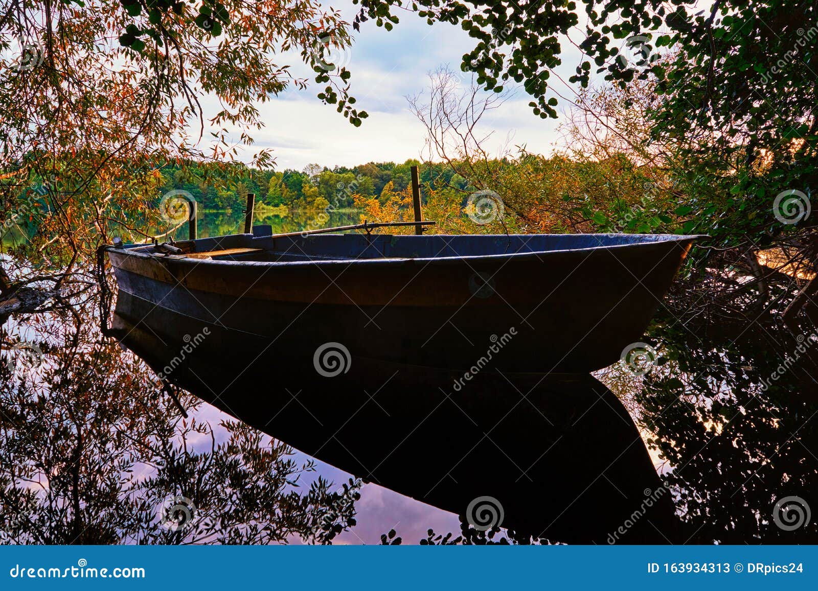 Dark Forest with Rowing Boat in the Forest Lake Stock Image - Image of ...