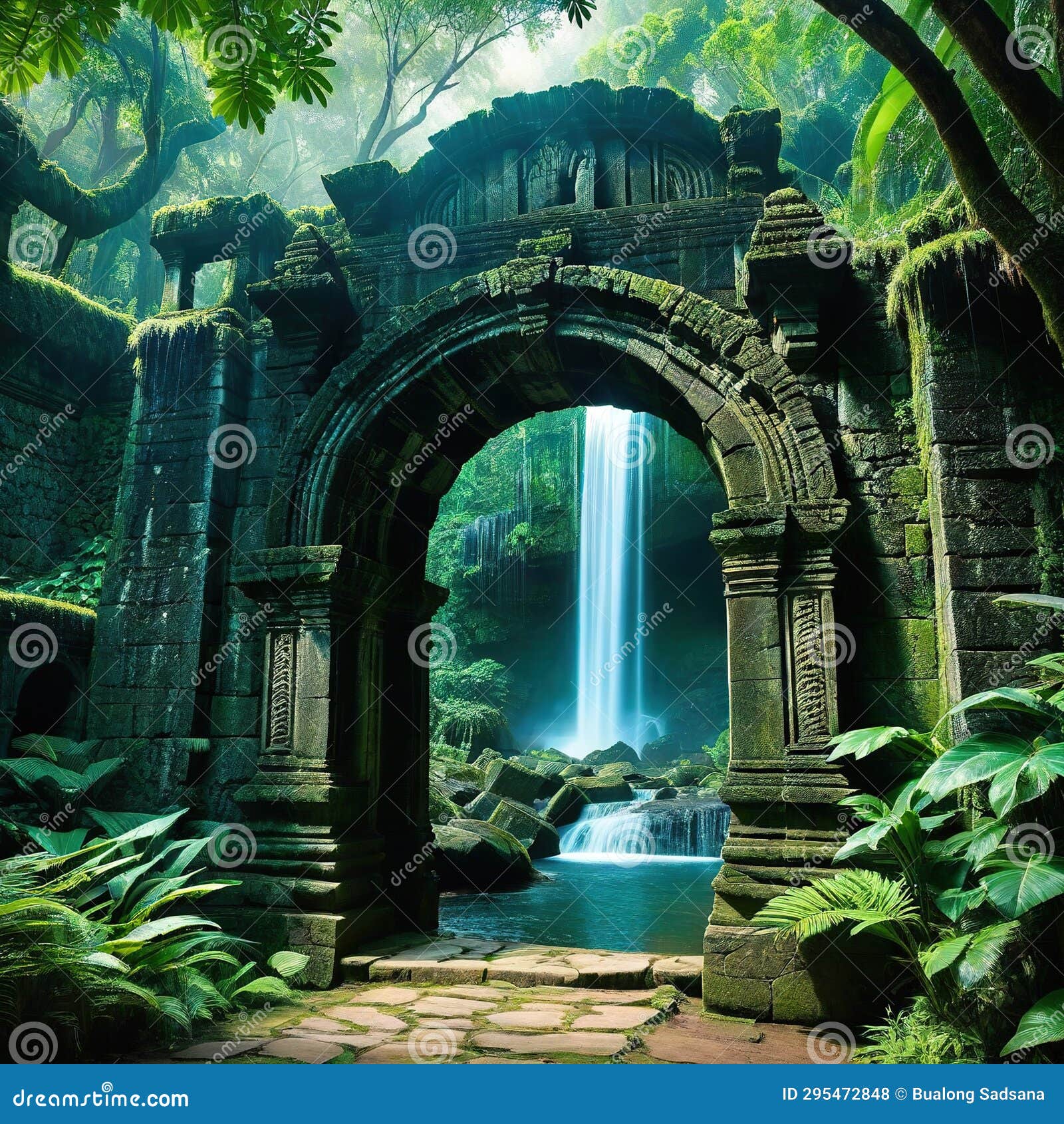 Dark Forest with Stone Arch and Waterfall in the Middle Stock ...