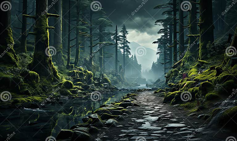 Dark Forest with Stream stock photo. Image of trees - 343897078