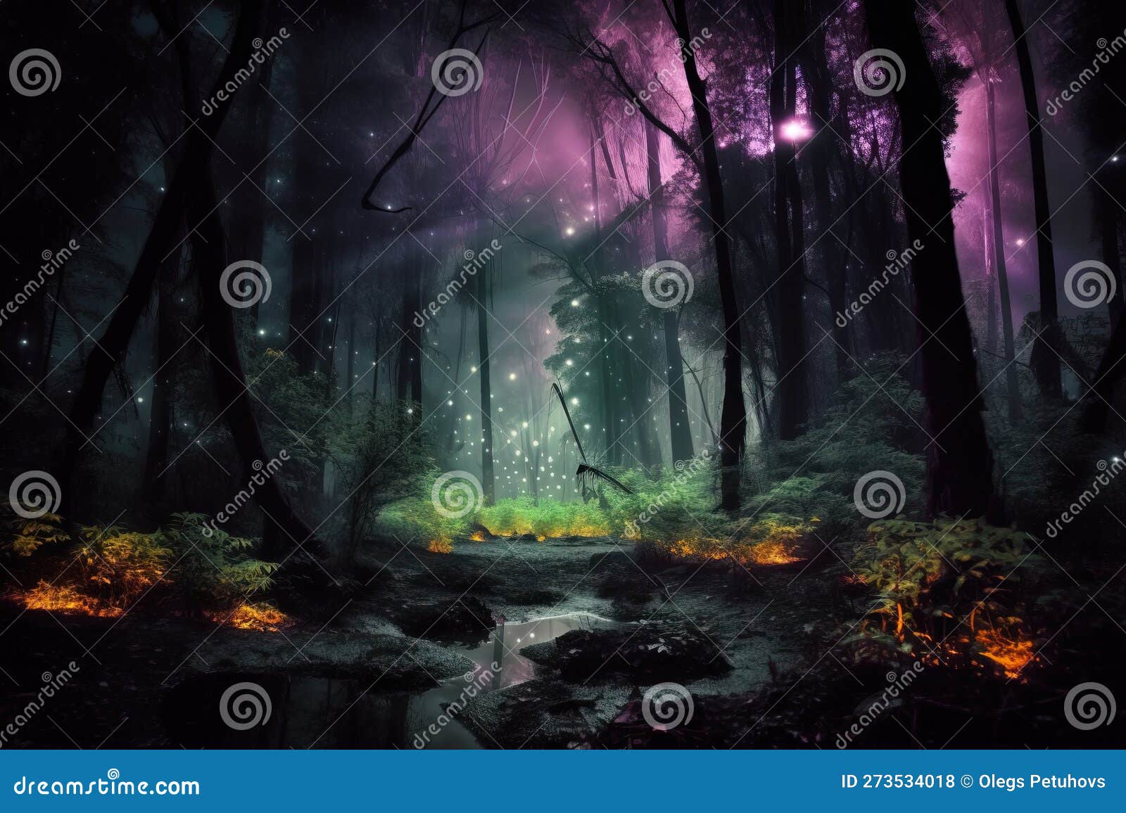 A Dark Forest with a Stream and Fireflies in the Trees and a Stream ...
