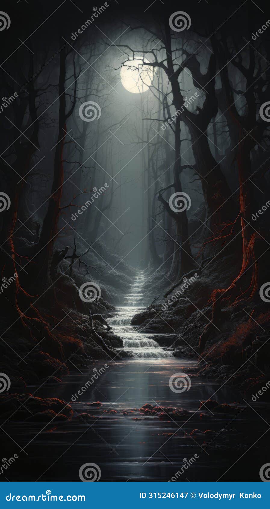 A Dark Forest with a Stream Running through it Stock Image - Image of ...