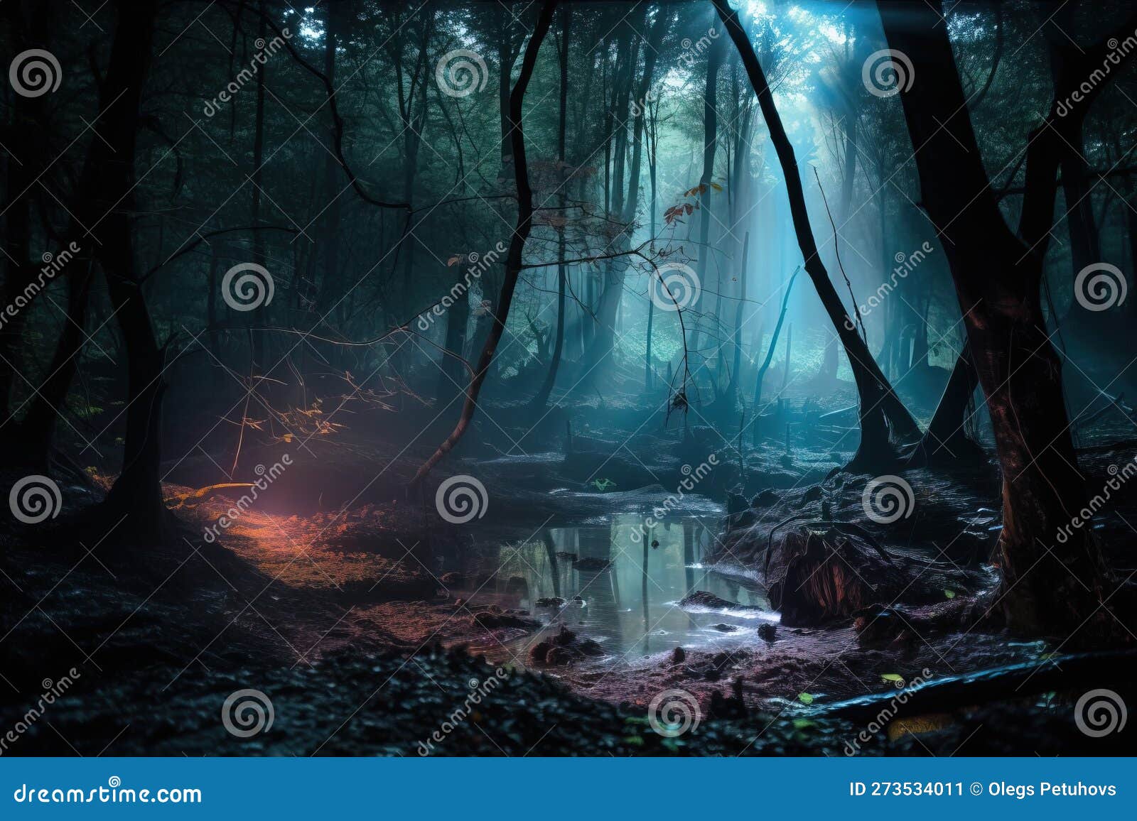 A Dark Forest with a Stream Running through the Middle of the Forest ...