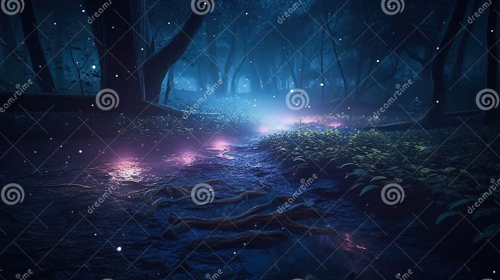 A Dark Forest with a Stream of Water Running through it Stock ...