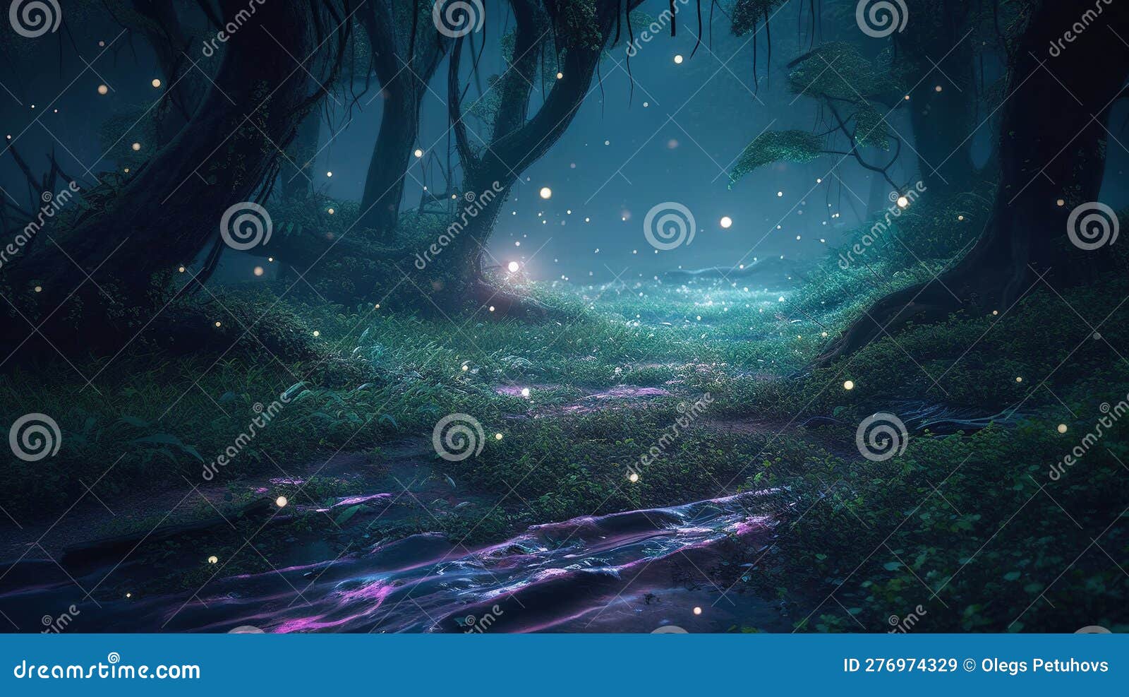 A Dark Forest with a Stream of Water Surrounded by Fireflies Stock ...