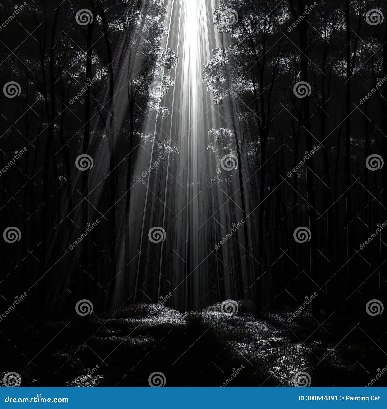 Dark Forest with Sun Rays Shining through the Trees Stock Illustration ...