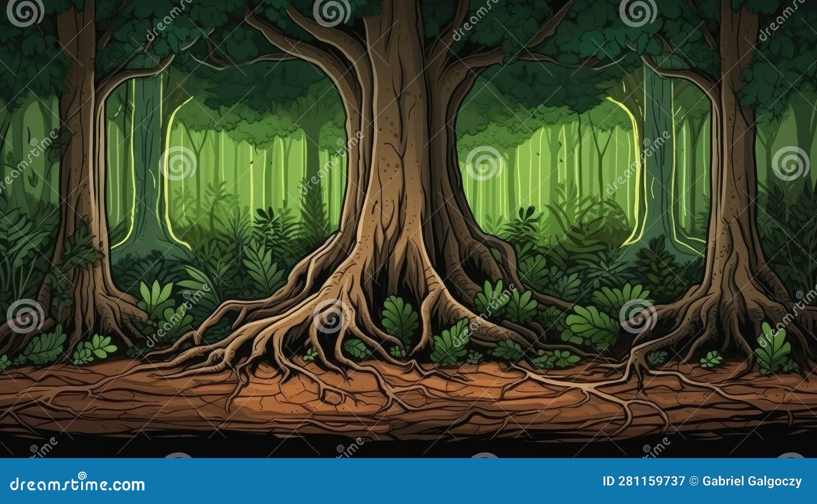 Dark Forest with Trees and Roots on a Dark Background Stock ...