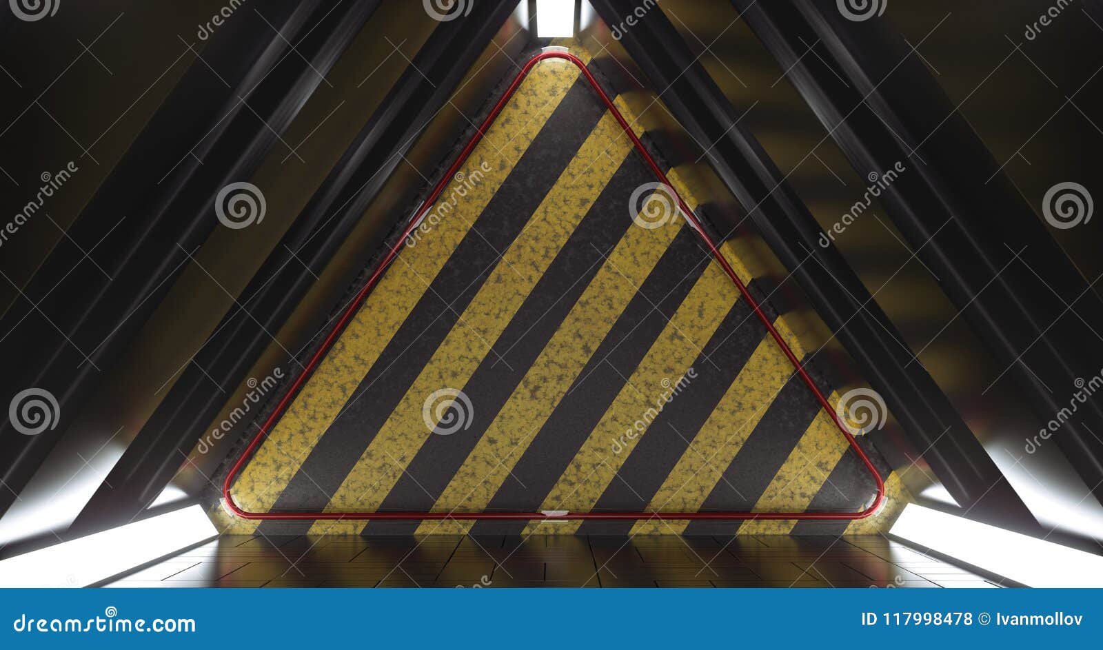 Dark Futuristic Triangle Sci-Fi Empty Room with Hazard Pattern Stock ...