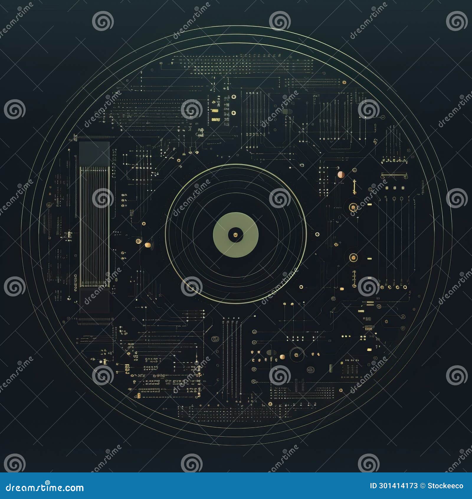 Dark Gold and Emerald Digital Disc with Electronic Circuit Schematic ...