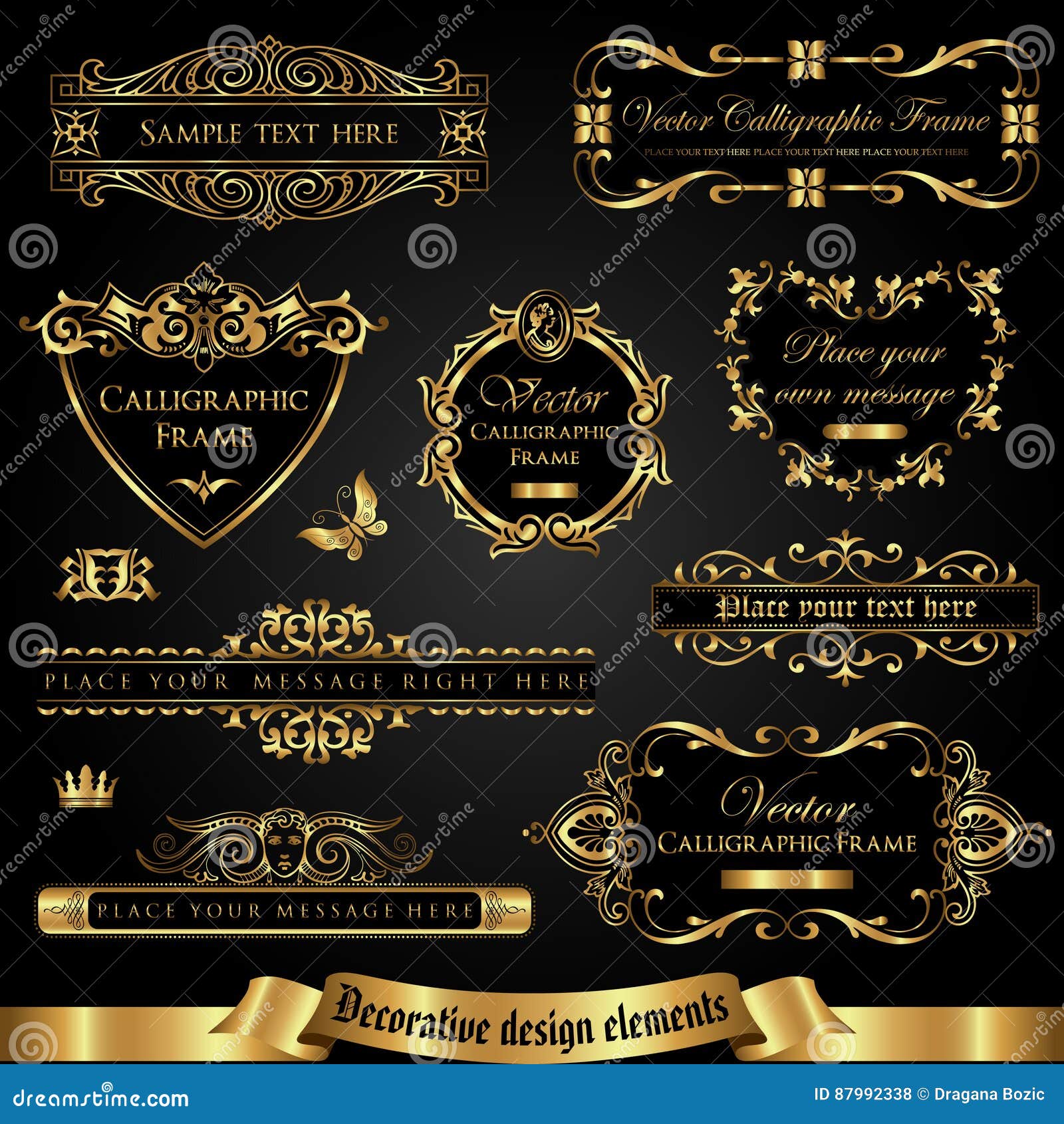 Dark Gold-framed Decorative Design Elements - Vector Set Stock Vector ...