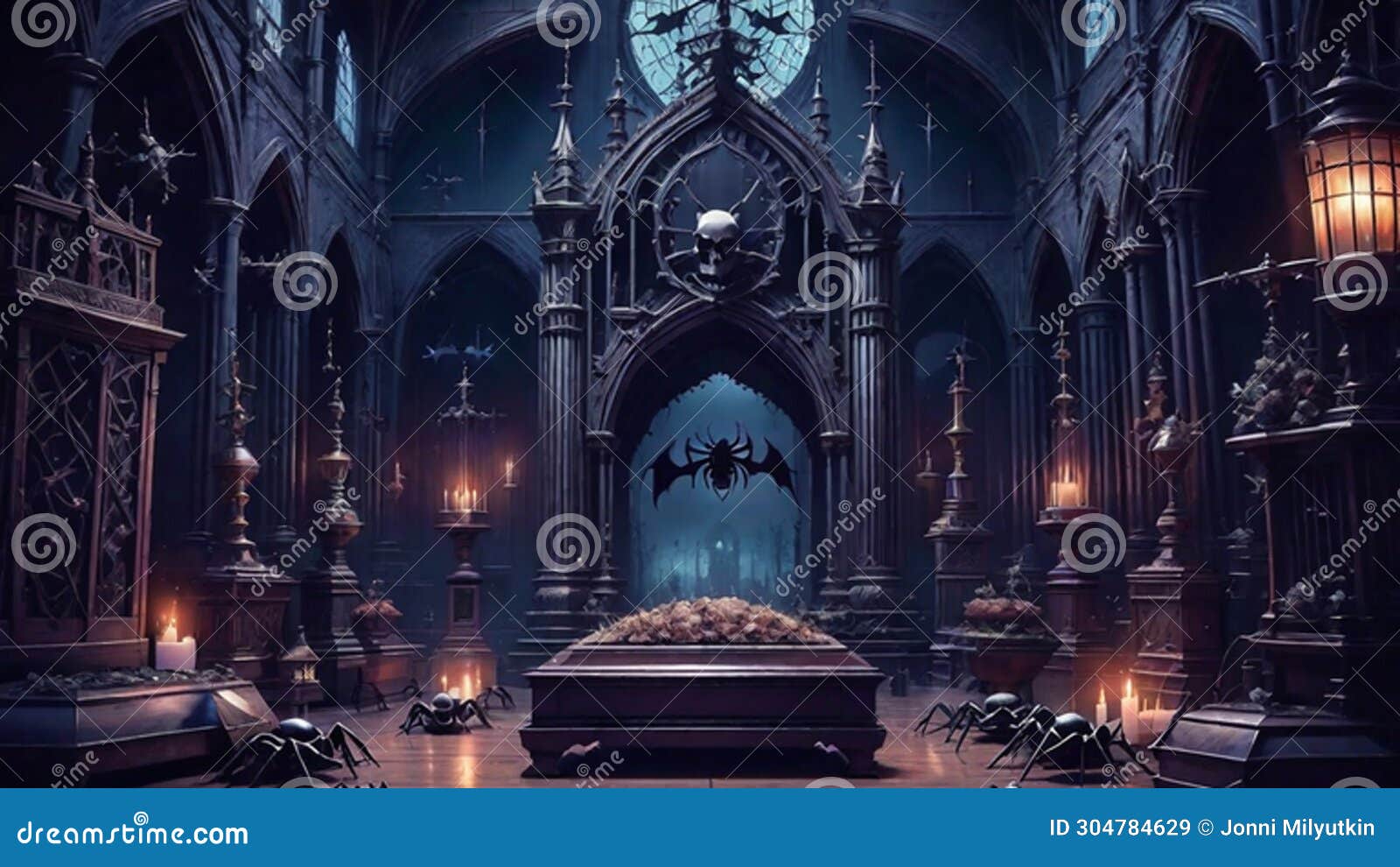 Dark Gothic Setting, Creepy Background, Coffins, Skeletons, Spiders and ...