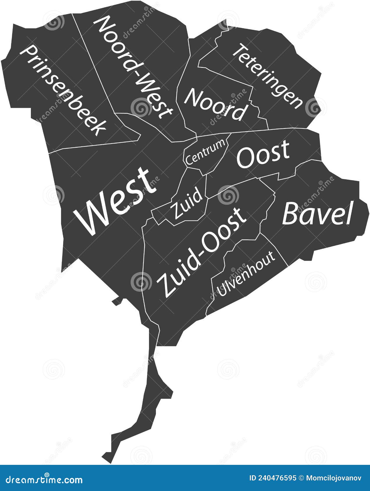 Dark Gray Tagged Districts Map of BREDA, NETHERLANDS Stock Vector ...