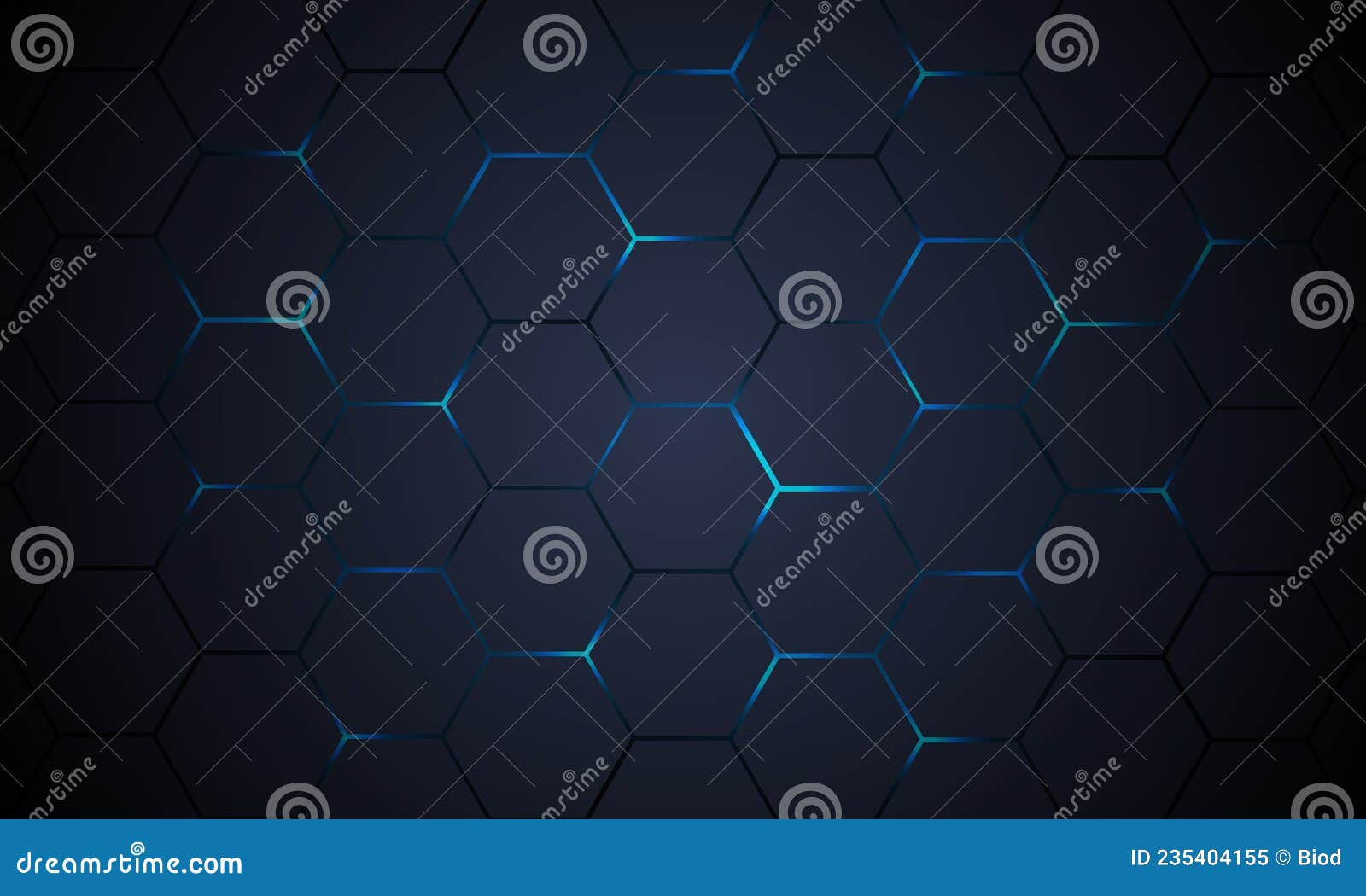 Dark Gray Hexagonal Technology Abstract Background with Blue Bright Energy Flashes Under Hexagon ...
