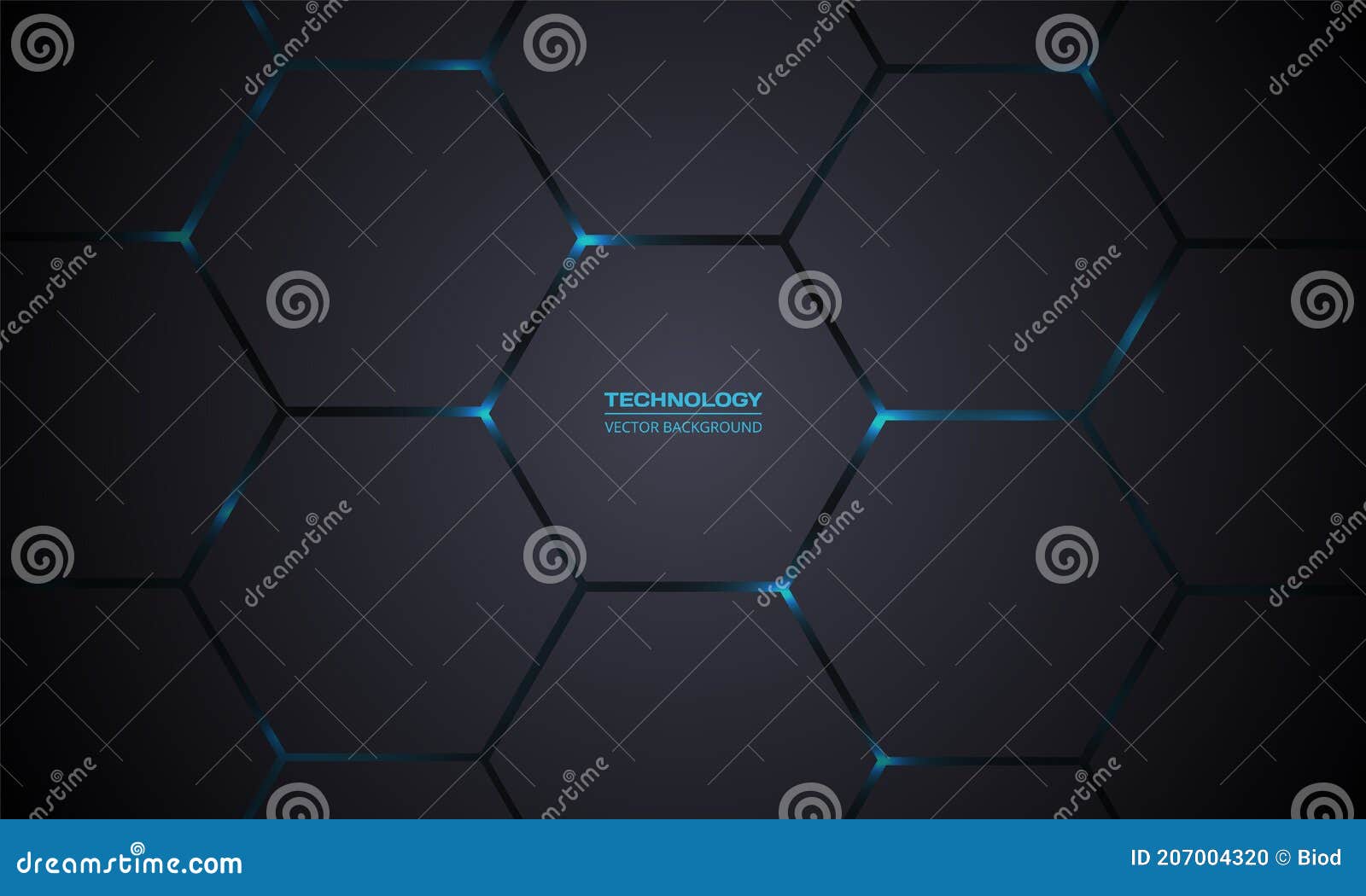 Dark Gray Hexagonal Technology Vector Abstract Background. Blue Bright Energy Flashes Under ...