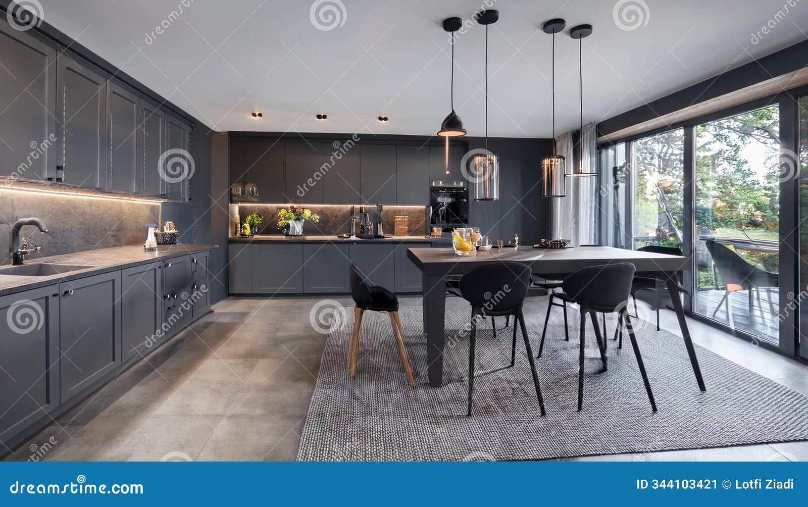 Dark Gray Kitchen with Bar and Dining Table Stock Illustration ...