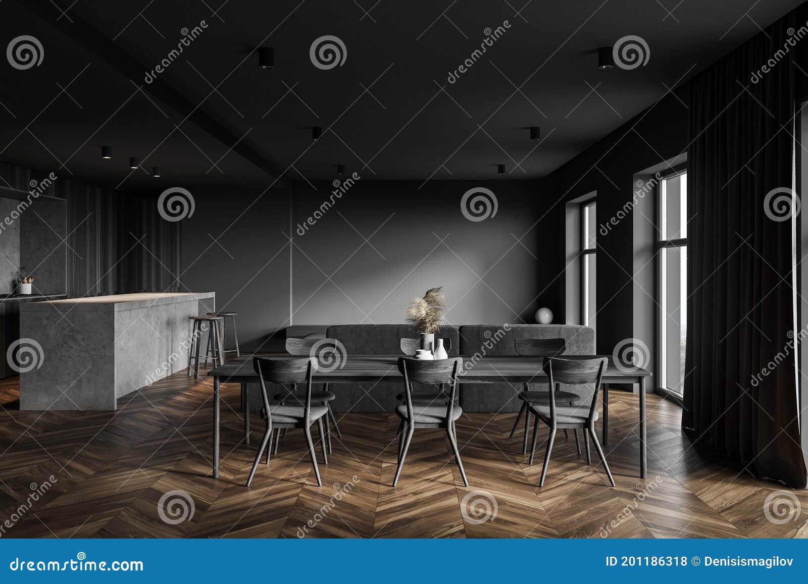 Dark Gray Kitchen Interior with Table Stock Illustration - Illustration ...