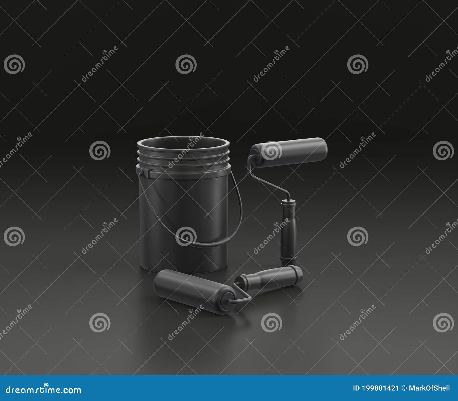 Dark Gray Paint Bucket with Paint Roller on Black Background, Single ...
