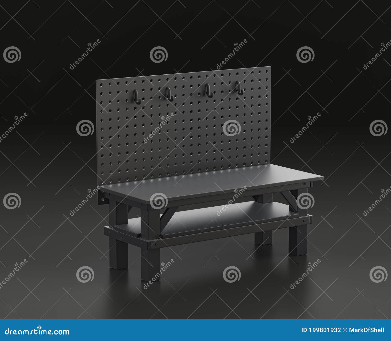 Dark Gray Single Color Workshop with Workbench in Blue Background, Flat ...