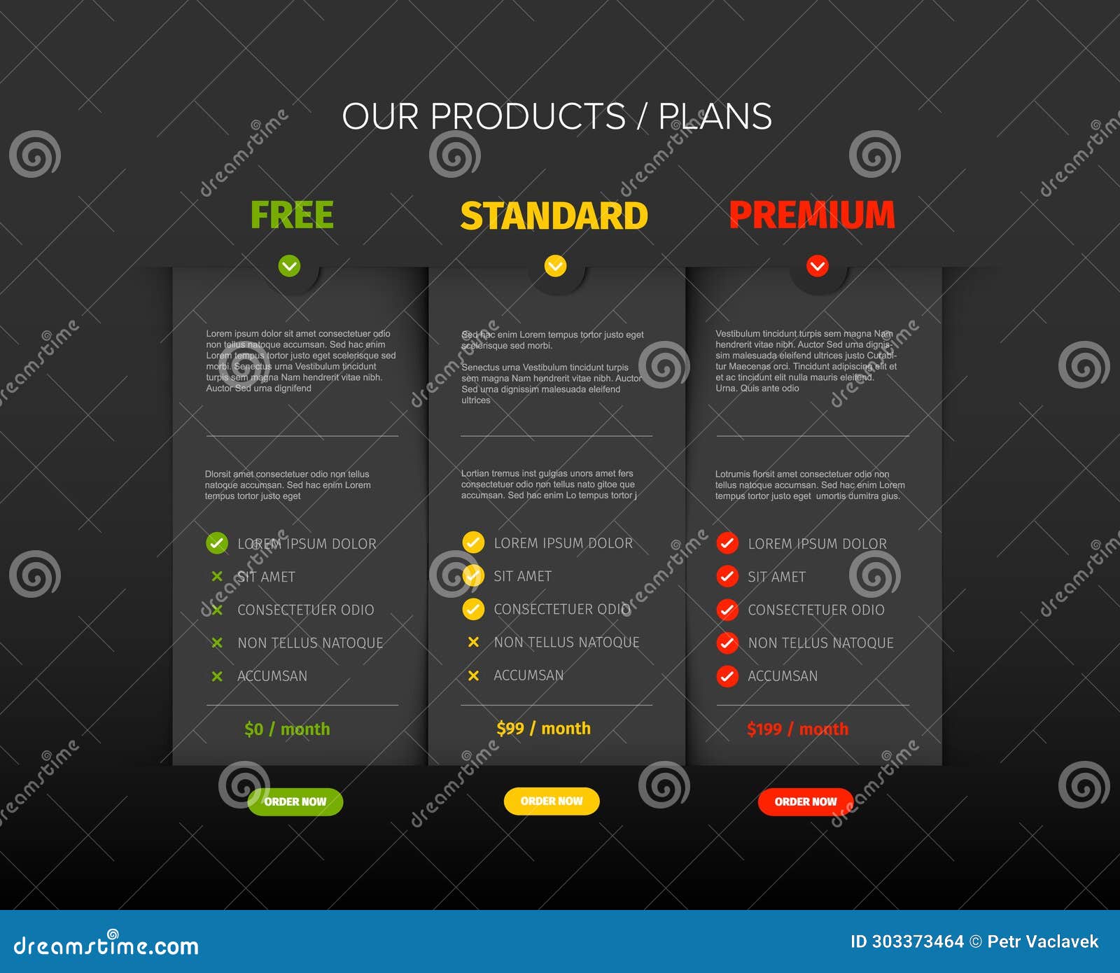 Dark Gray Three Products Cards Features Schema Template with Order ...