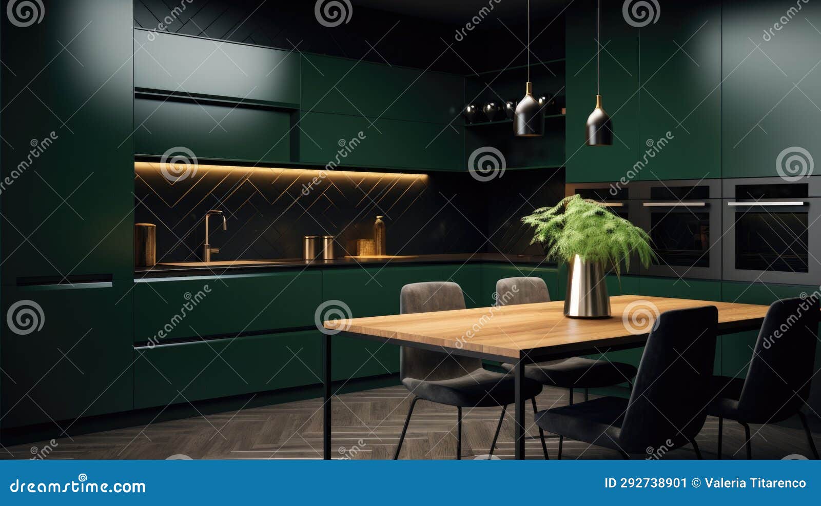 The Dark Green, Black, Forest Interior of the Kitchen, the Design is ...