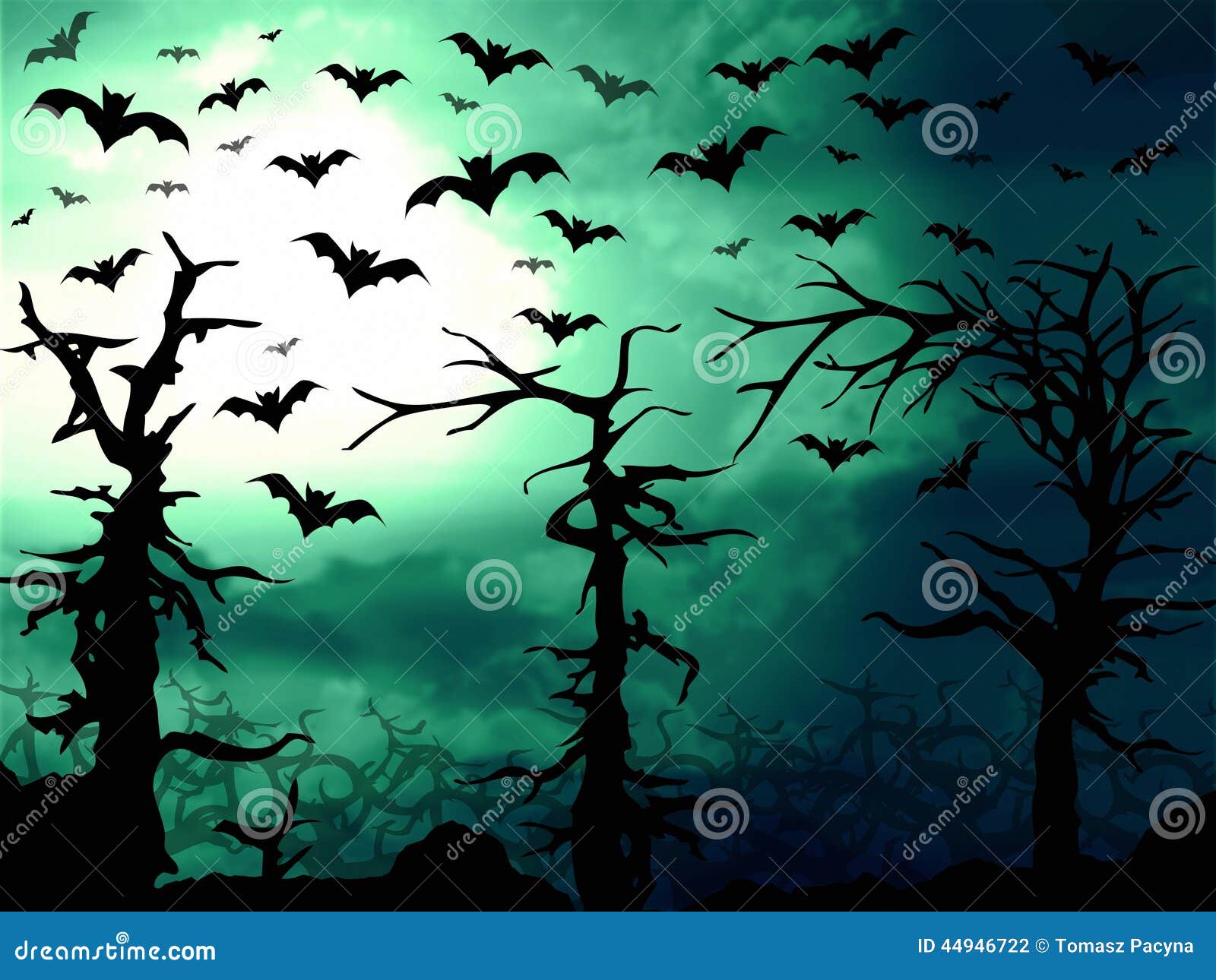 Dark Green Forest And Bats Scary Background Stock Illustration ...