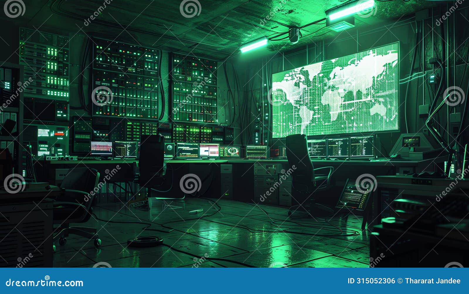 A Dark and Green Room Filled with Computers and a World Map Stock ...