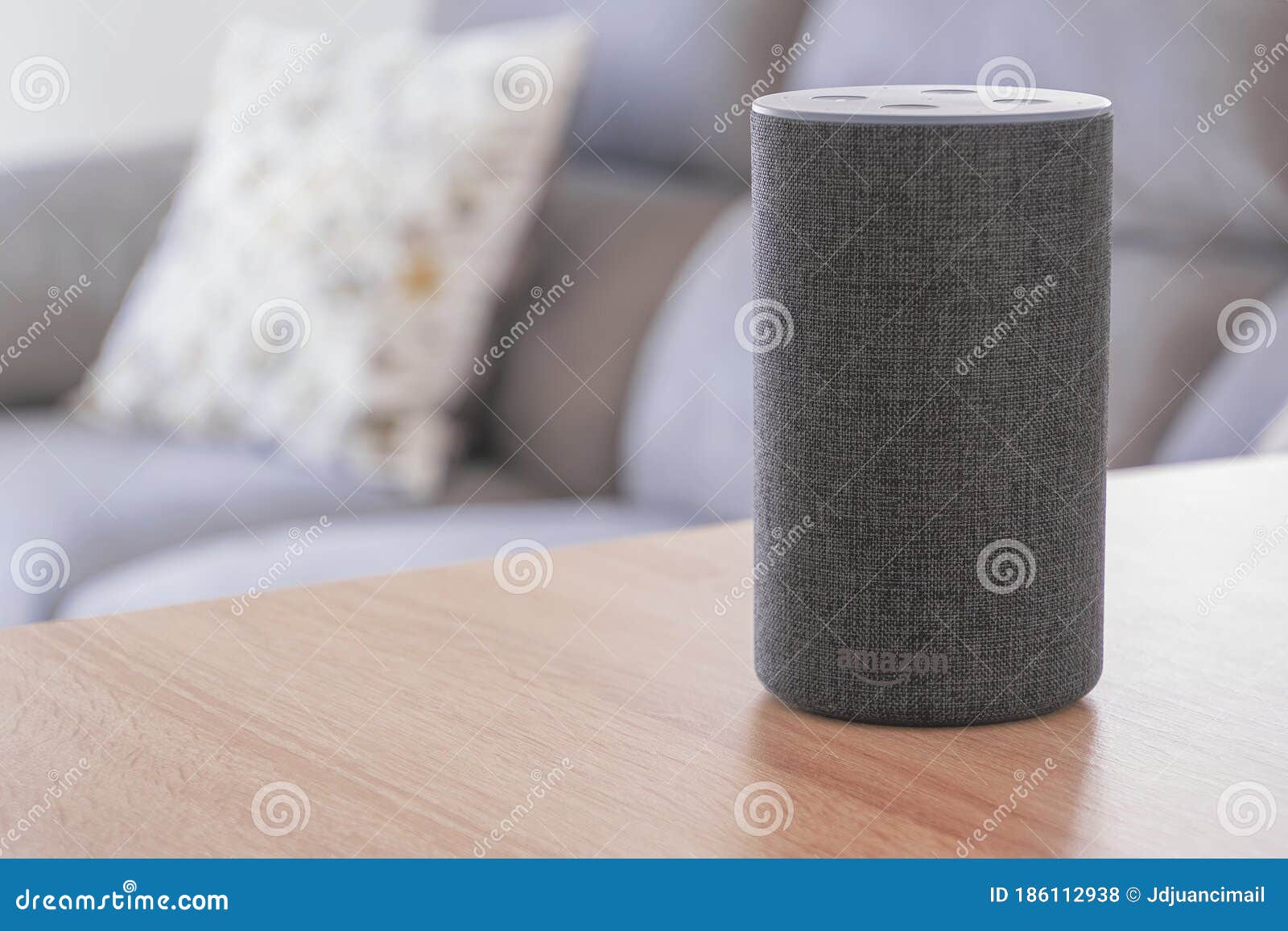 Dark Grey Amazon Alexa Echo in a Living Room on a Wooden Table. Empty ...