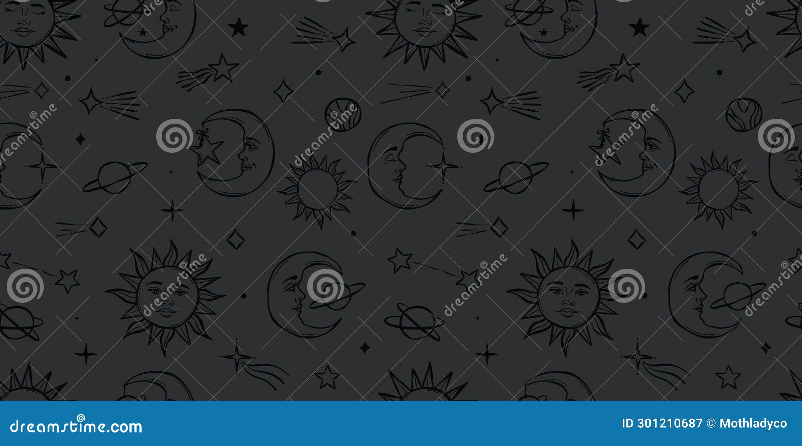 Dark Grey Celestial Background with Sun and Moon Illustrations, Hand ...