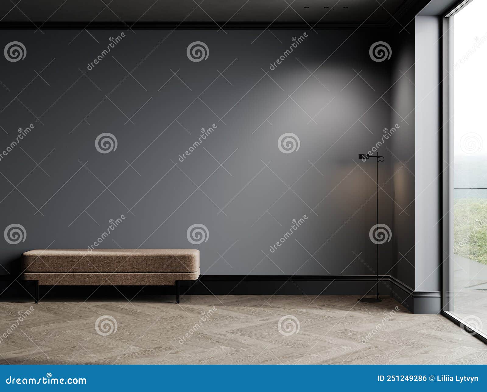 Dark Grey Empty Wall Mockup in Modern Interior Design with Beige Pouf ...