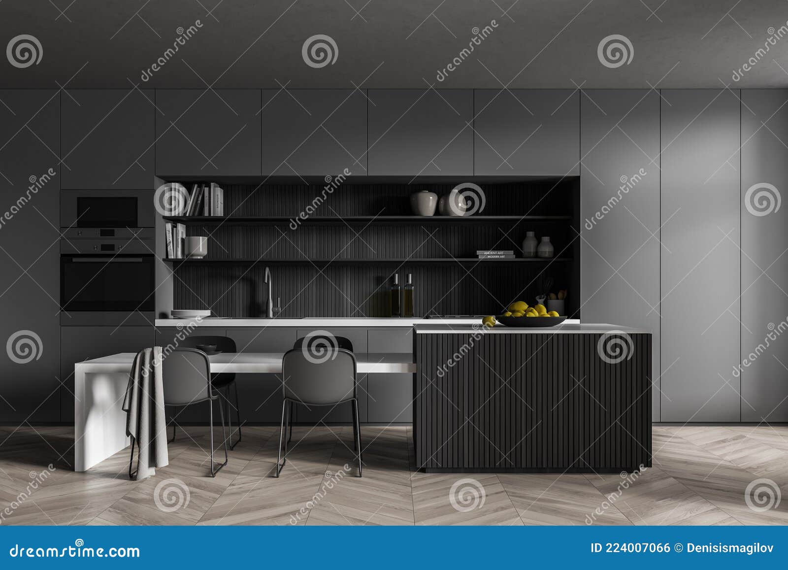 Dark Grey Kitchen Cabinet, Table with Lining Stock Illustration ...